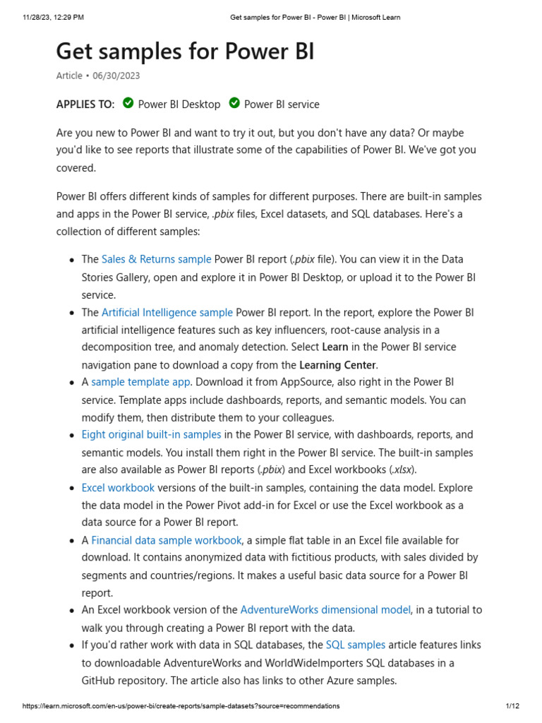 Get Samples For Power BI - Power BI - Microsoft Learn | PDF | Microsoft ...