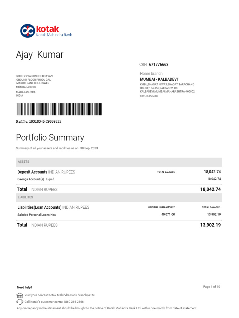 Ajay Kumar: Portfolio Summary | PDF | Banks | Cheque
