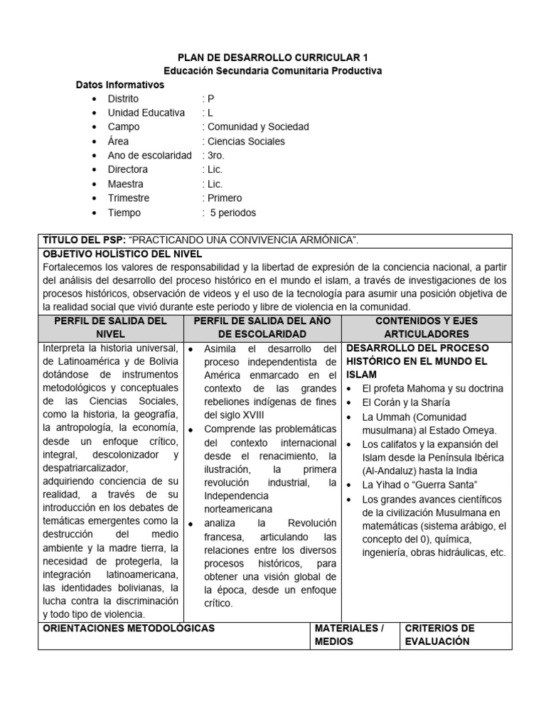 PLAN DE DESARROLLO CURRICULAR Sociales 3ro y 4to t1 | PDF | Yihad