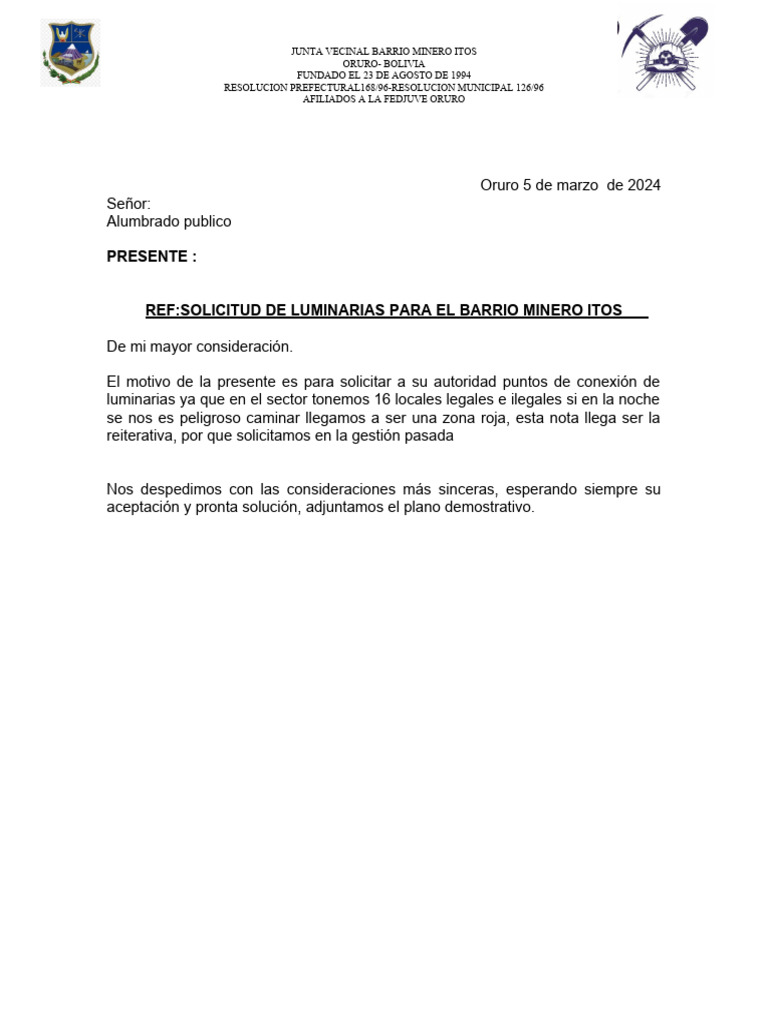 Solicitudes de Mejora para Barrio Minero Itos | PDF