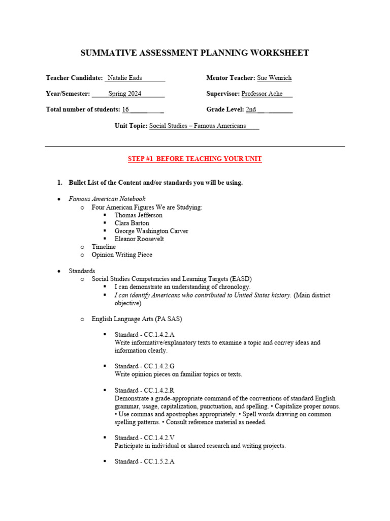 Summative Assessment Planning Worksheet | Download Free PDF | Cognition ...