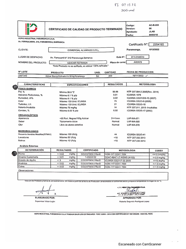 CC Azucar Blanca Refinada Paramonga 2 | PDF
