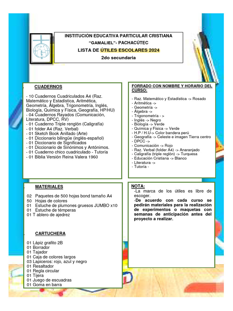Lista Útiles Escolares 2do Secundaria | PDF