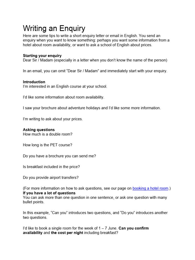 Writing An Enquiry | PDF