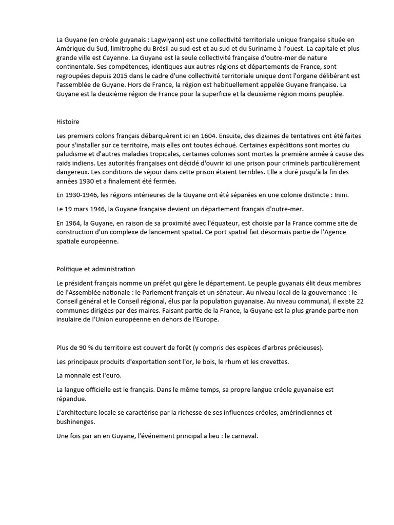La Guyane française : Histoire et Administration | PDF | France