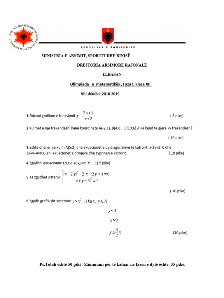 Olimpiada e Matematikes Klasa XII Faza I Viti Shkollor 2023-2024 | PDF
