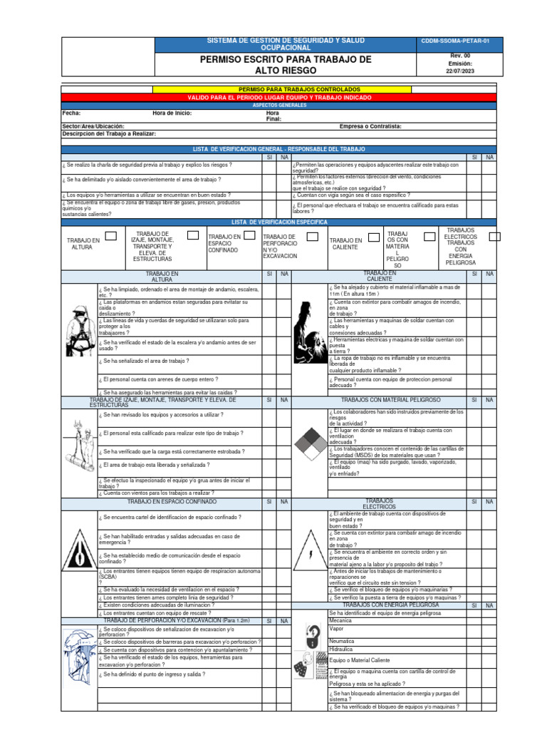 Formato de Permiso Escrito para Trabajo de Alto Riesgo | PDF