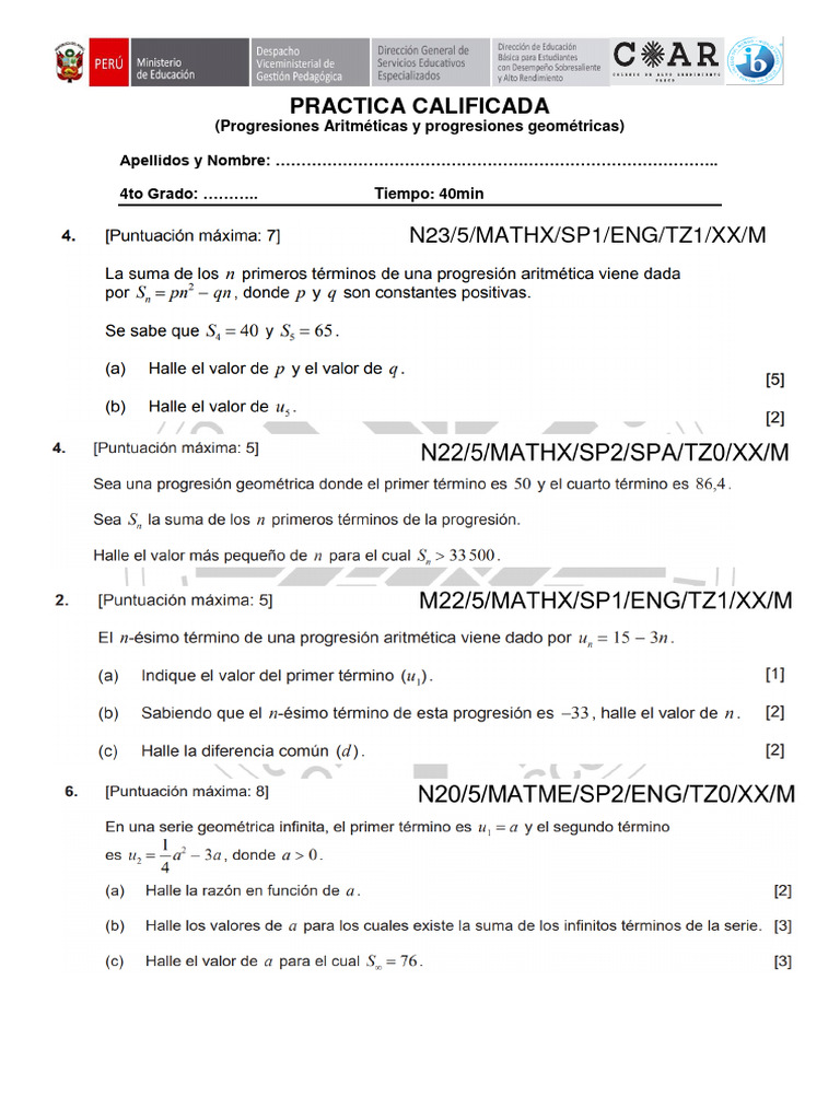 1ra Practica Calificada Progresiones | PDF