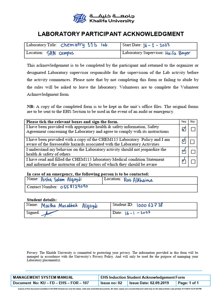 Laboratory Participant Acknowledgment: Chemistry | PDF