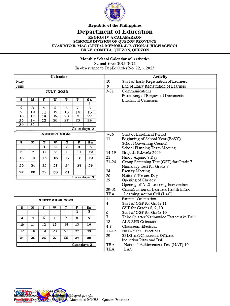 School Calendar and Activities | PDF | Observances