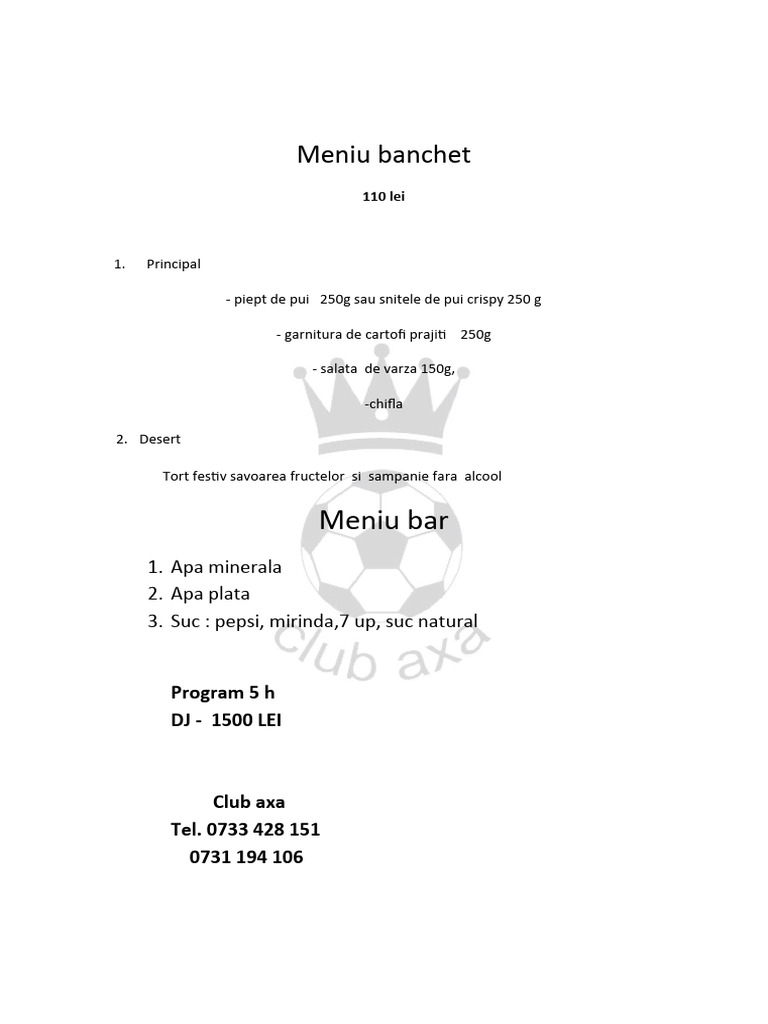 Meniu Banchet 110 Lei | PDF
