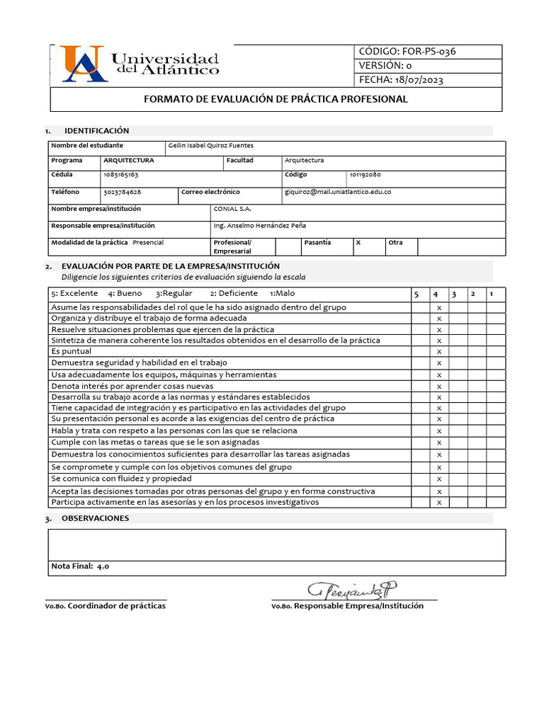 Formato de Evaluacion de Practicas Profesionales | PDF | Evaluación