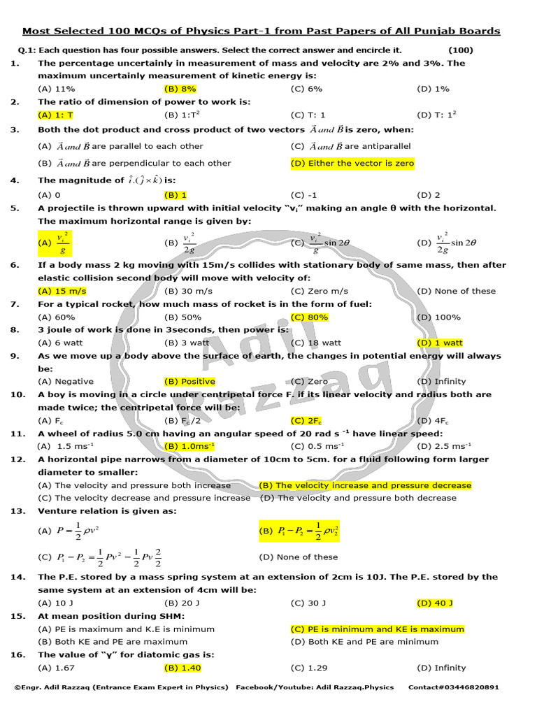 Most Selected 100 MCQs of Physics Part-1-1 | PDF | Velocity | Force