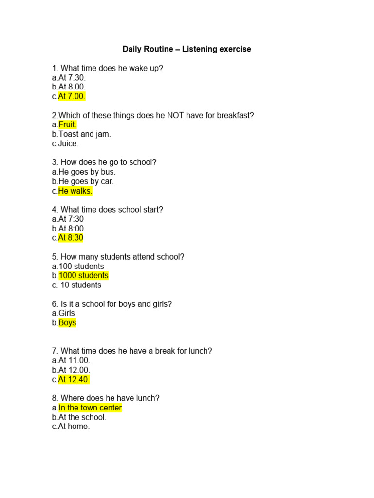 Daily Routine Listening Exercise | PDF