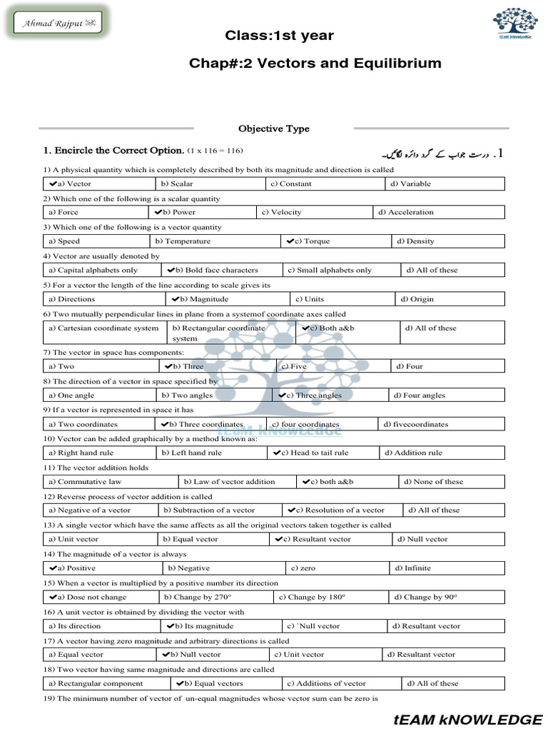 Solved Chap 2 1st Year Physics MCQs | PDF | Torque | Euclidean Vector