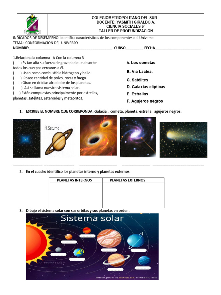 TALLER DE REFUERZO I Periodo EL UNIVERSO | PDF | Planetas | Sistema solar