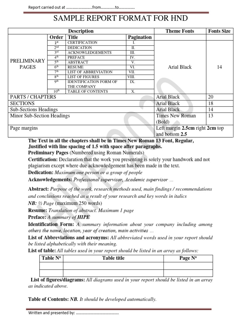 Hipe Sample Report Format For HND 2020 | PDF