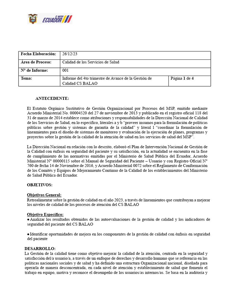 Formato de Informe Trimestral | PDF | Sistema de manejo de calidad | Gestión de la calidad