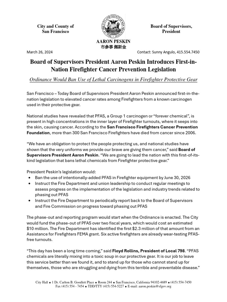 PRESS RELEASE-President Aaron Peskin Pushes First-In-Nation Cancer ...