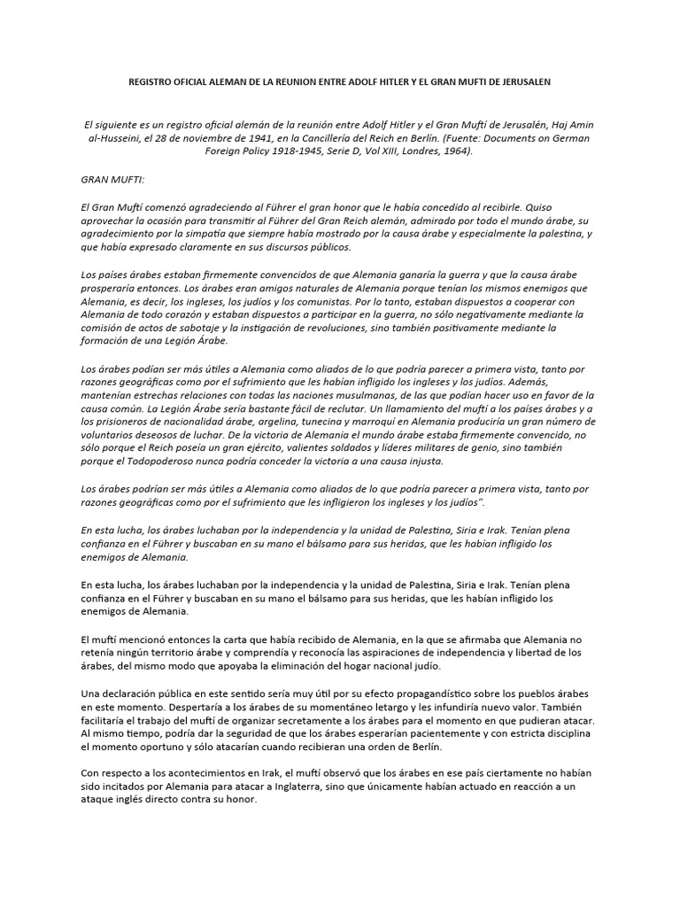 Reunión Hitler-Muftí: Alianzas Árabes 1941 | PDF | Adolf Hitler ...