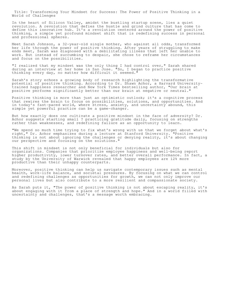 The Power of Positive Thinking: Transforming Your Mindset For Success | PDF | Optimism | Mindset