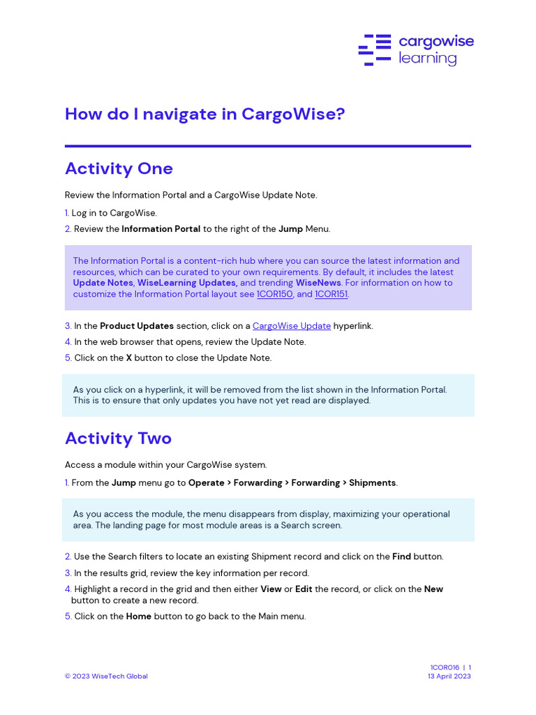 How Do I Navigate in Cargowise? Activity One | PDF | Hyperlink | Button (Computing)