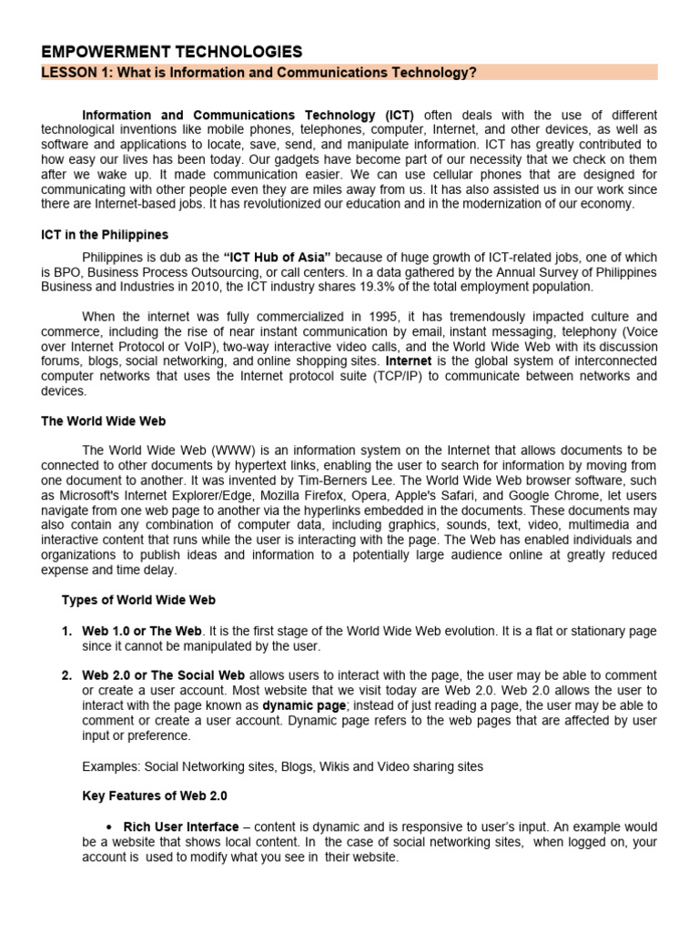 Q1 Emtech Lessons 1 and 2 | PDF | World Wide Web | Internet & Web