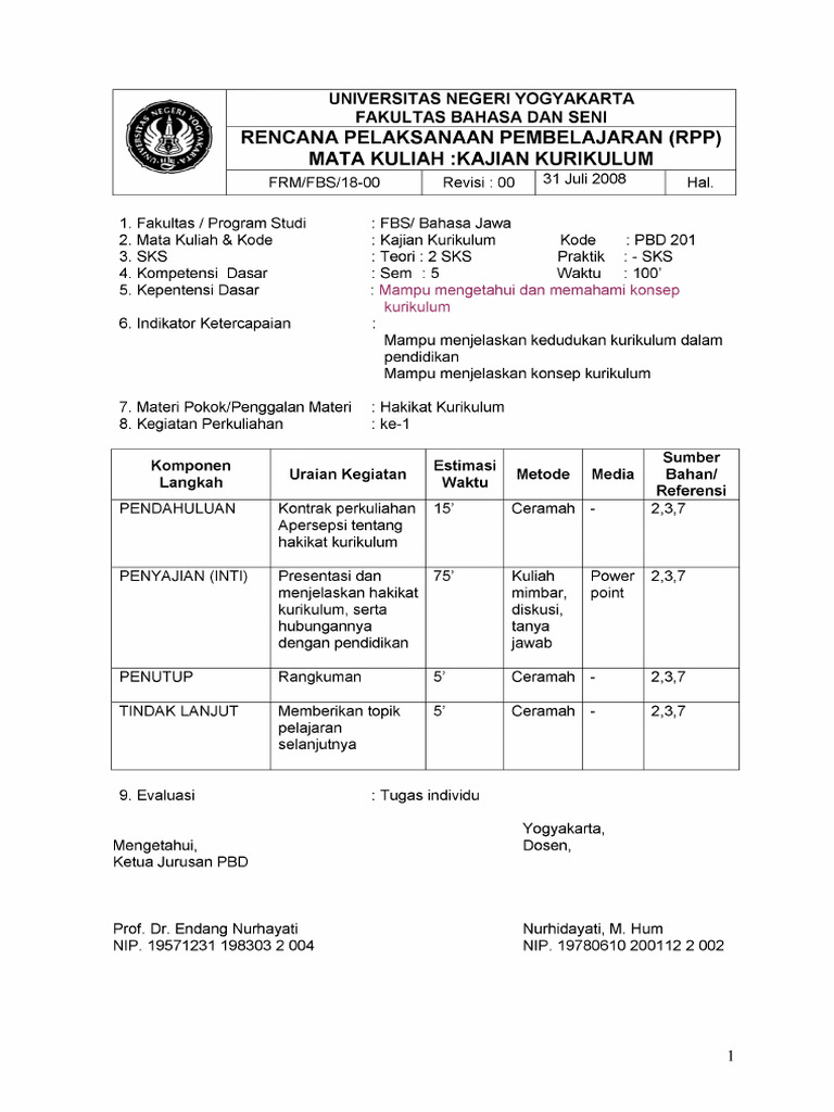 RPP Kajian Kurikulum Ok | PDF