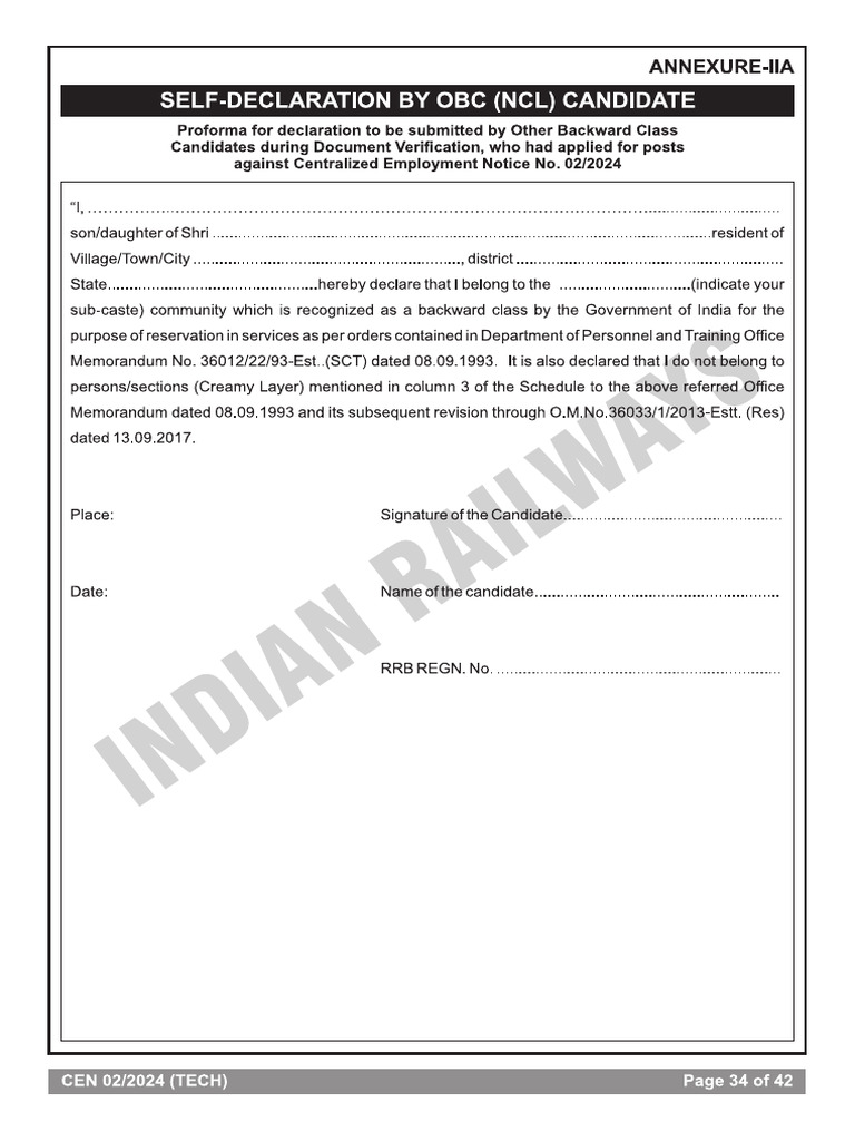 OBC-NCL Declaration CEN 02-2024 - Annexure-IIA | PDF