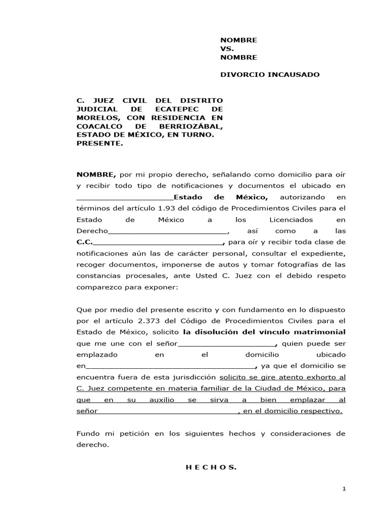 Formato Solicitud de Divorcio | PDF | Divorcio | Matrimonio