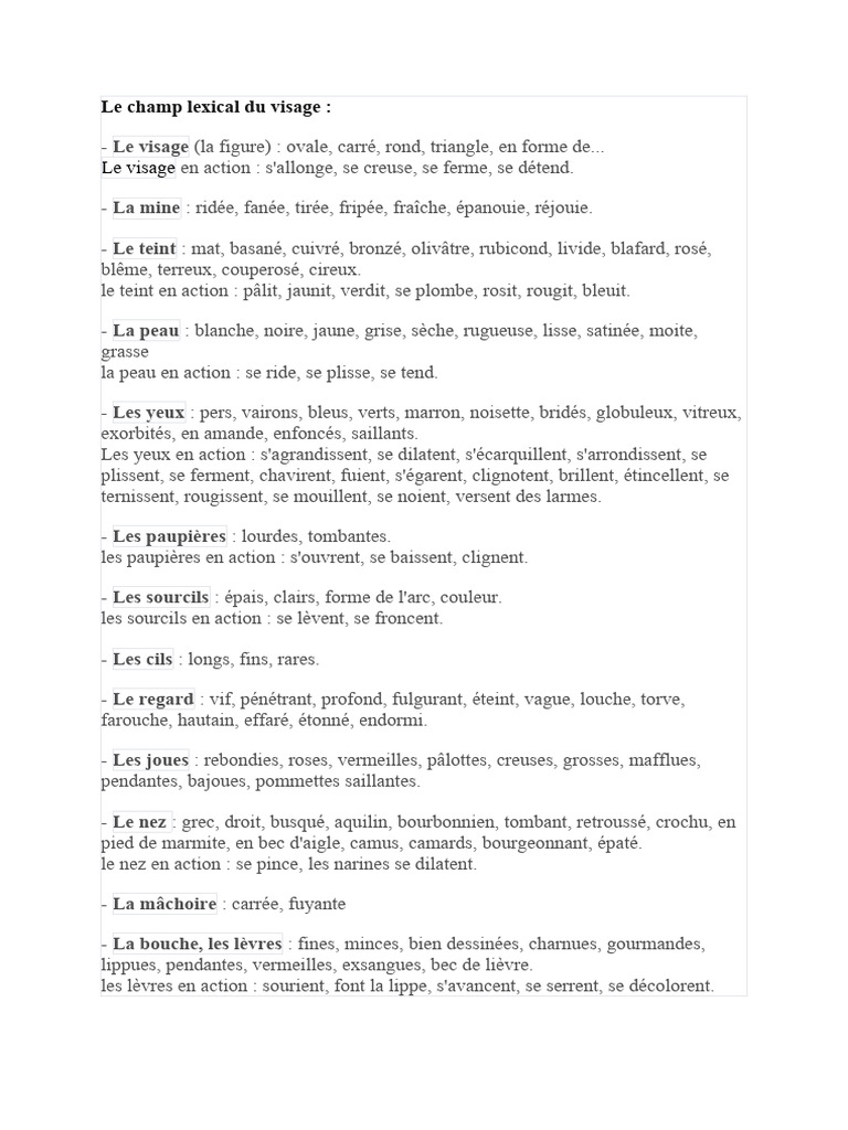Le Champ Lexical Du Visage | PDF