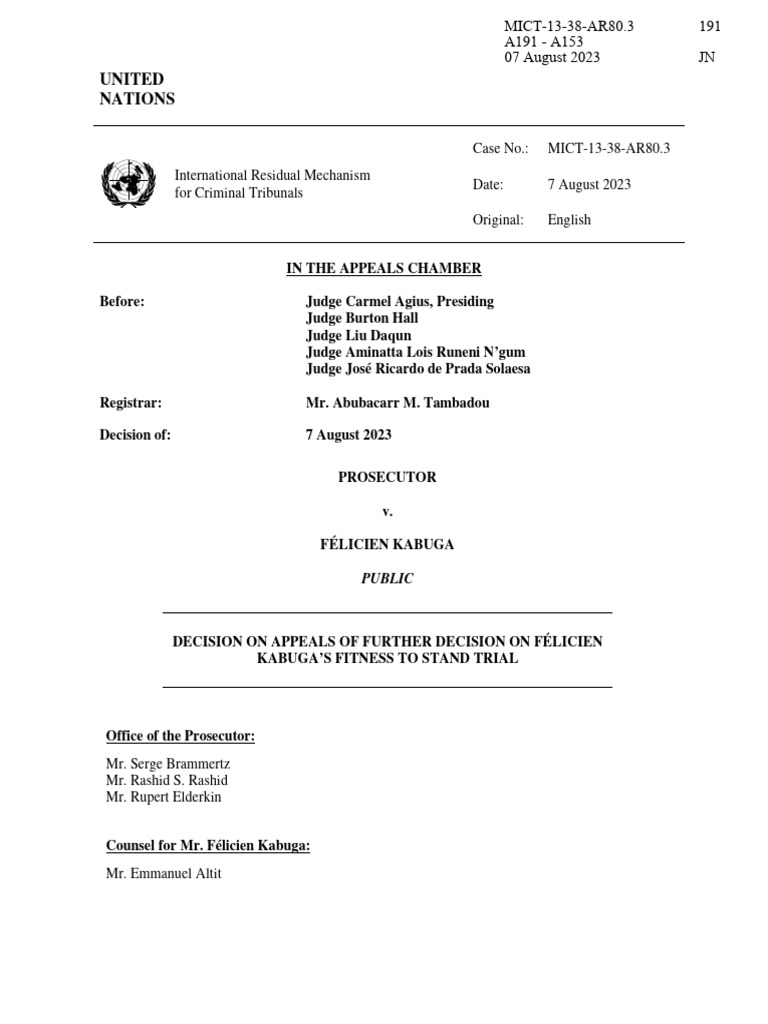 Decision On Appeals of Further Decision On Félicien Kabuga's Fitness To ...