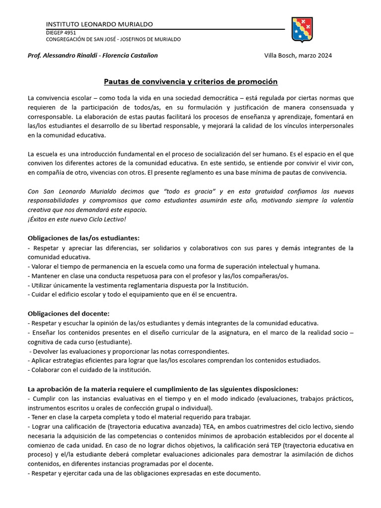 Pautas de Convivencia y Promocion FQ 2 2024 | PDF