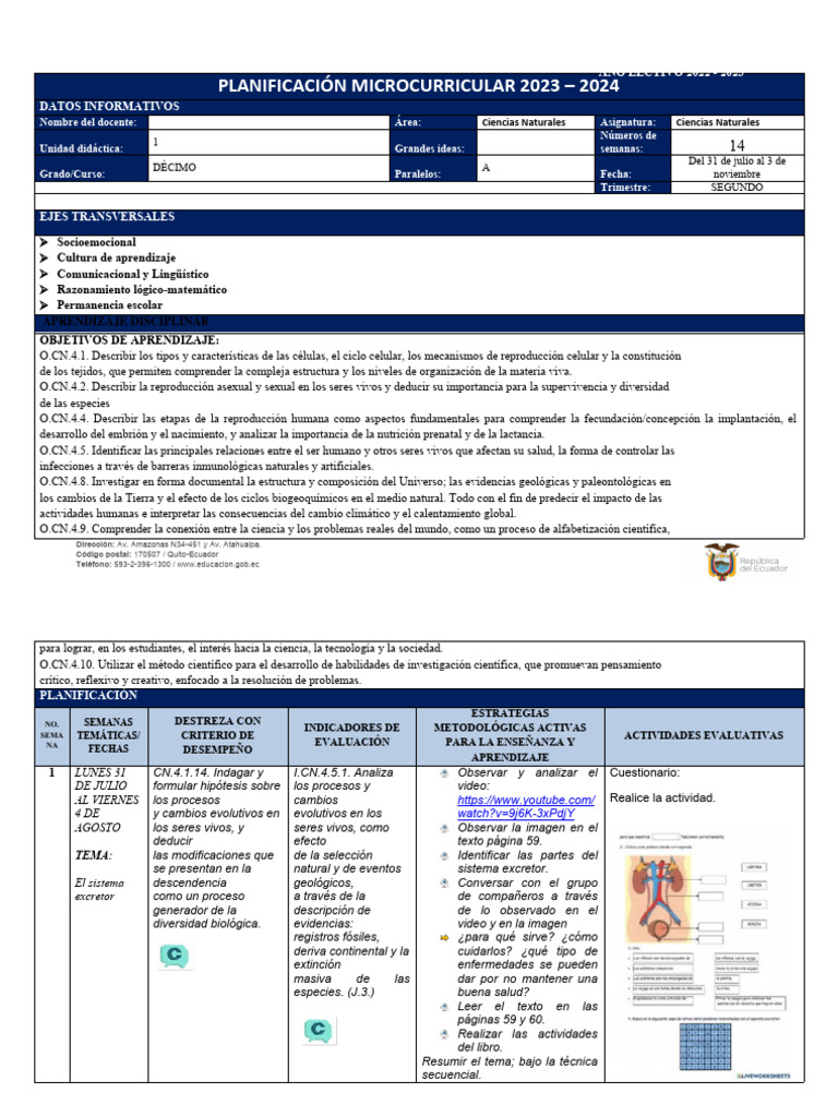 Planificación Segundo Trimestre 10 CCNN (1) Formato | PDF | Evolución | Aprendizaje