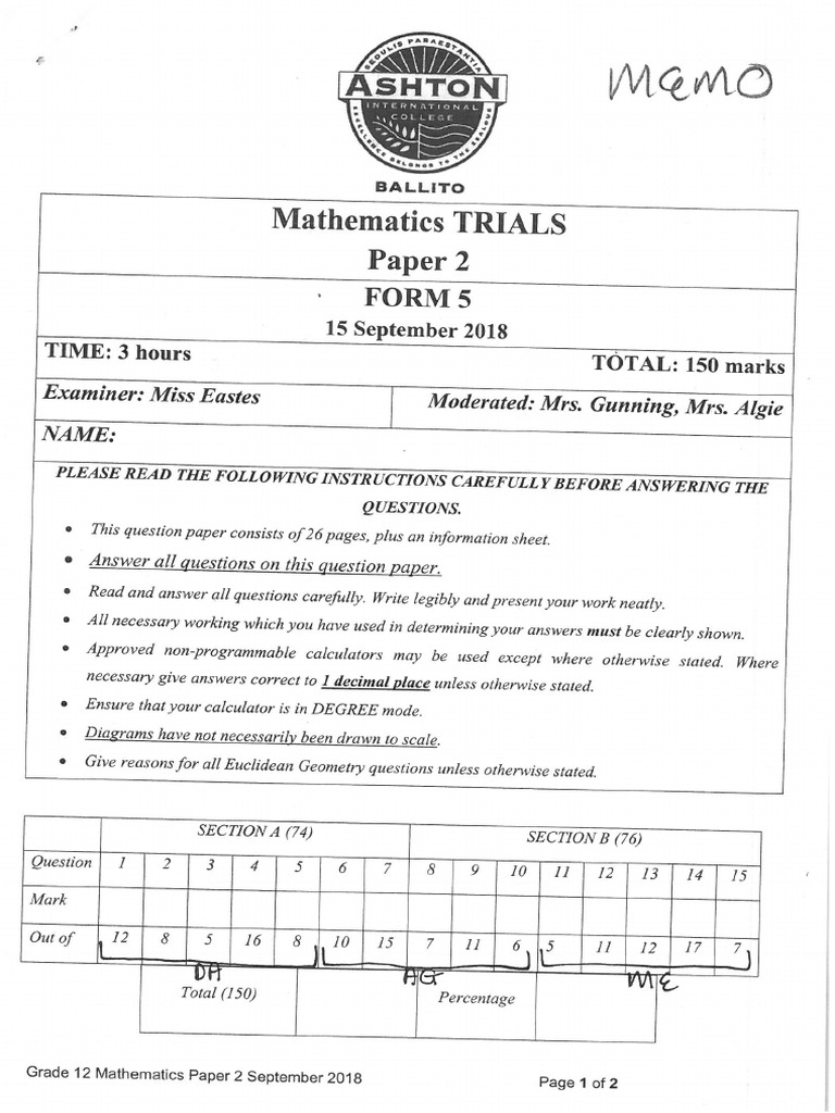 Trials Paper 2 Memo 2018 | PDF