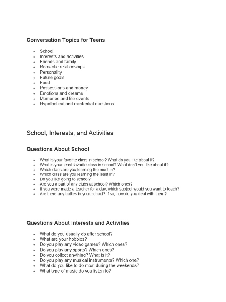 Conversation Topics For Teens | Download Free PDF | Sibling | Lunch