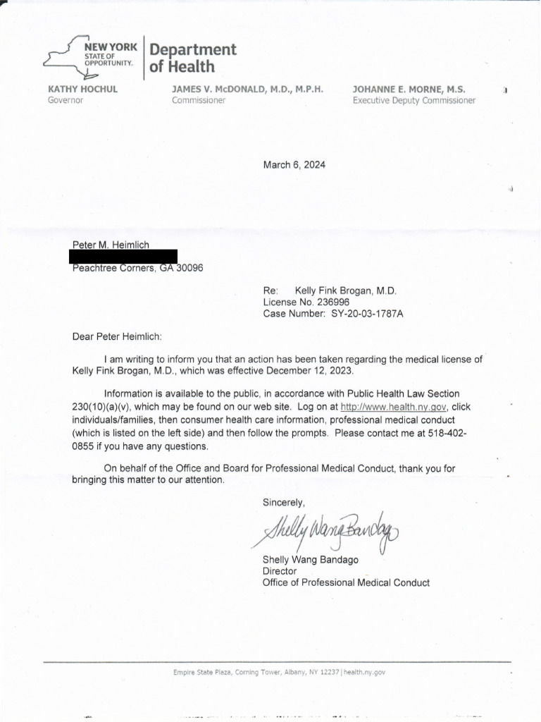 Thank-You Letter To Me From Director of NYS Office of Medical Conduct ...