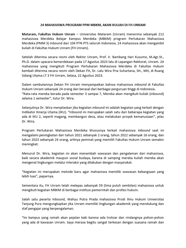 24 Mahasiswa Program PPM MBKM, Akan Kuliah Di FH Unram | PDF | Ilmu Sosial