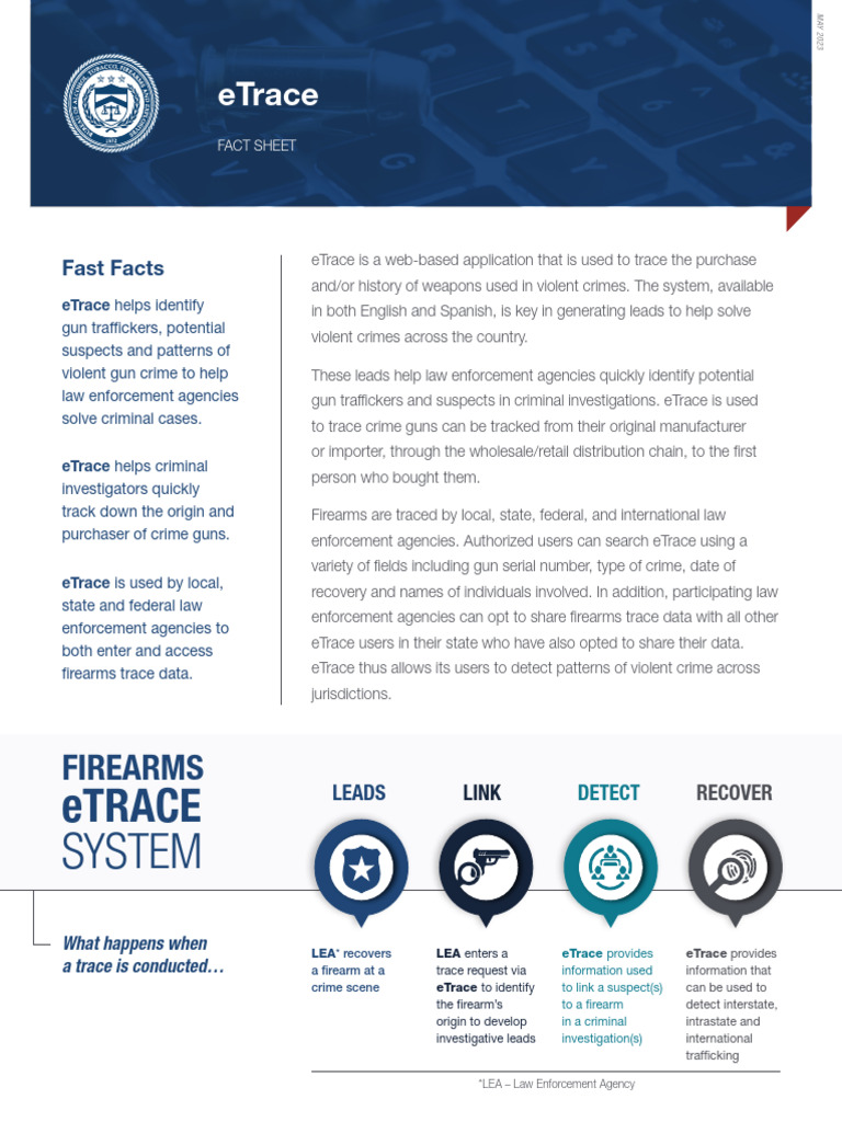 Etrace Factsheet-May2023 508 | PDF | Bureau Of Alcohol | Law Enforcement