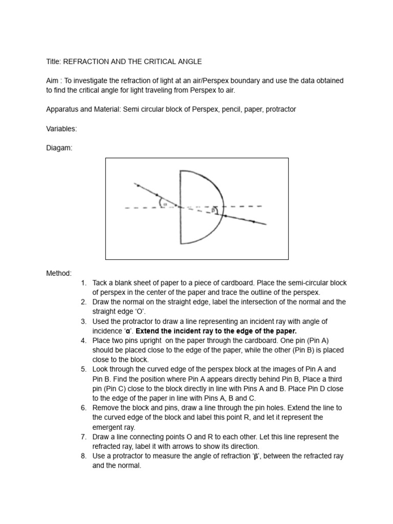 Refraction And Critical Angle Experiment Pdf Refraction Radiation