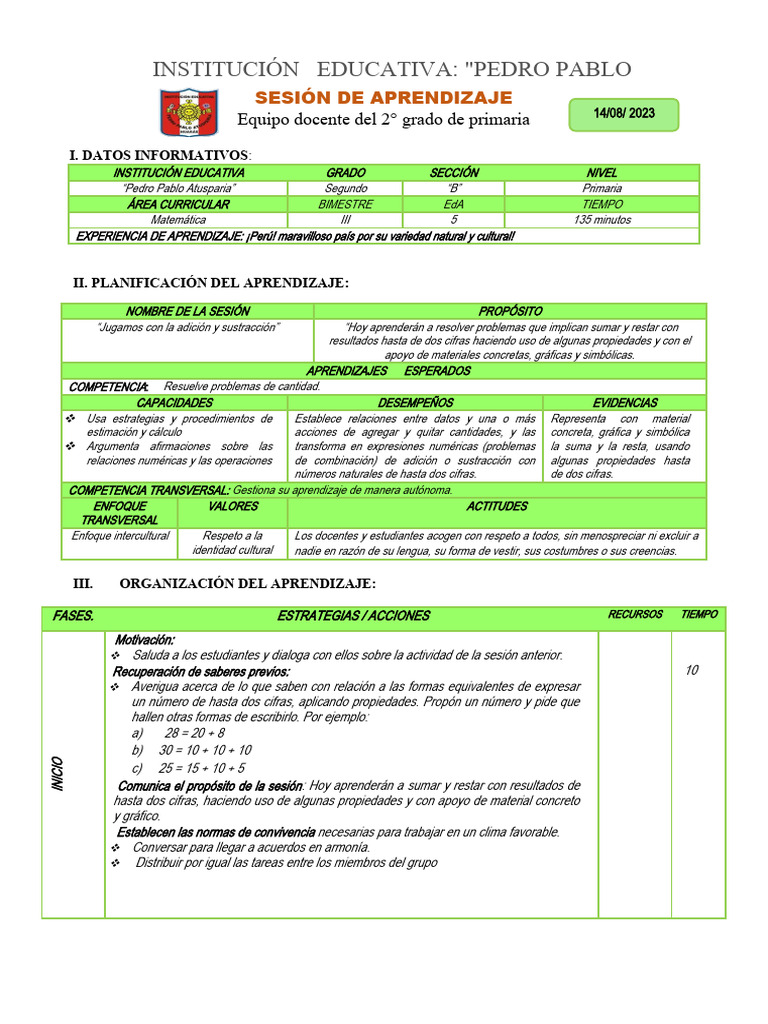 Sesion de Aprendizaje de Matematica. | PDF | Aprendizaje | Enseñando