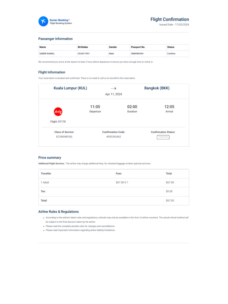 Flight Confirmation - SABER KAMAL | PDF | Aviation