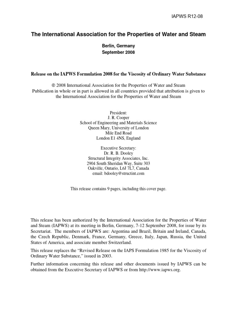IAPWS - Viscosity of Water and Steam | PDF | Viscosity | Density