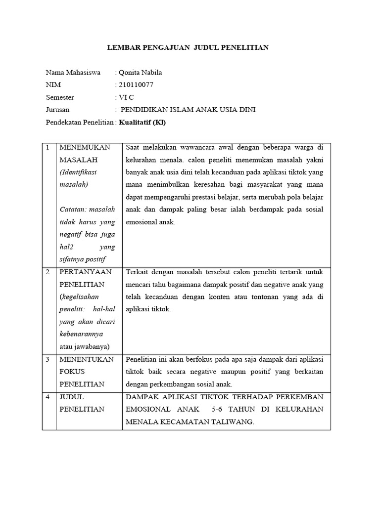 Contoh Lembar Pengajuan Judul Penelitian | PDF