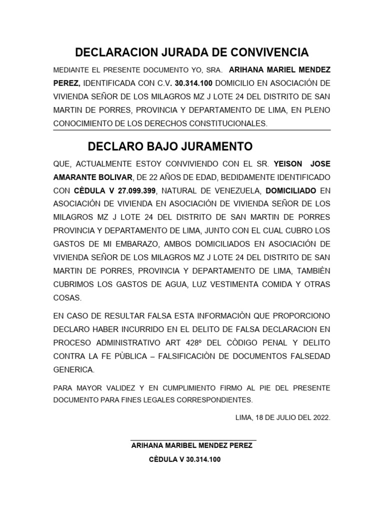 1declaracion Jurada De Convivencia Pdf 9331