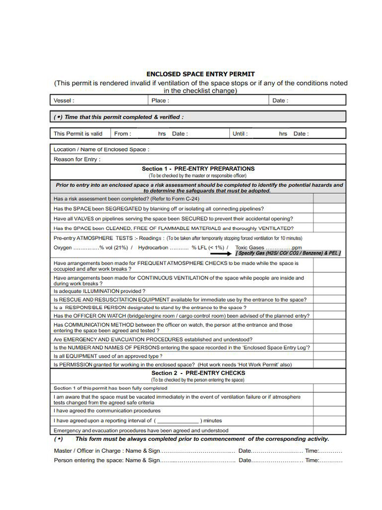 Enclosed Space Entry Permit | PDF