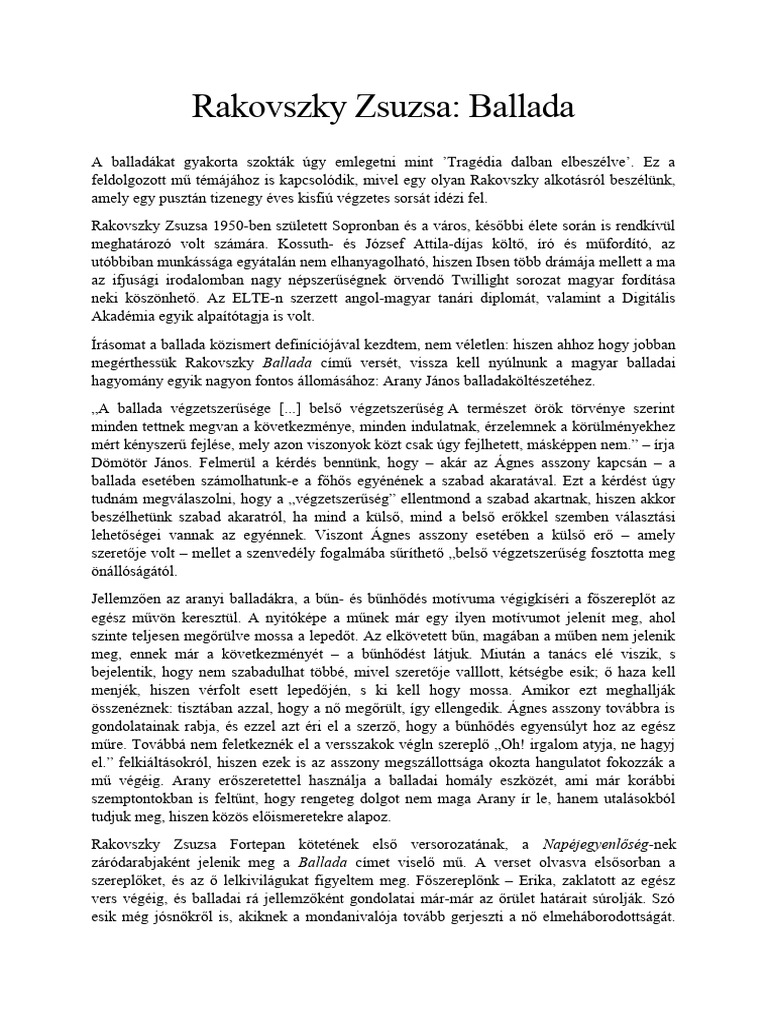 Rakovszky Zsuzsa: Ballada Értelmezése | PDF