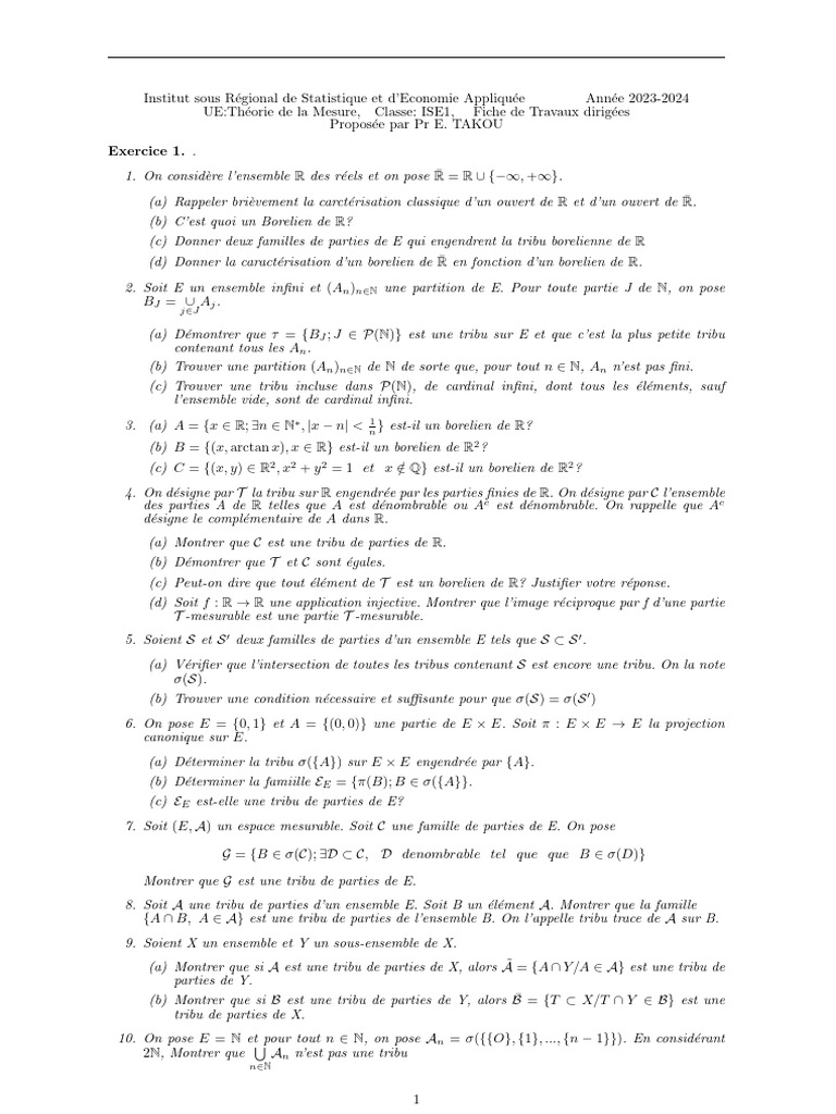 Théorie de la Mesure : Travaux Dirigés | PDF | Mathématiques | Concepts ...