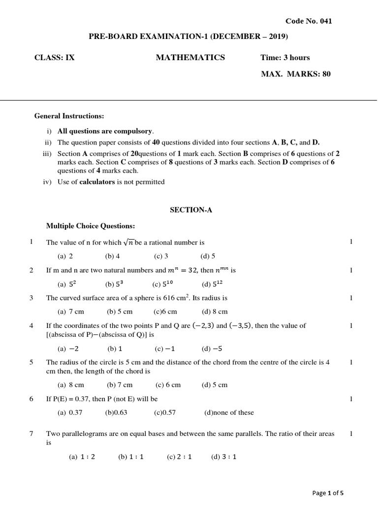 Class 9 Maths Pre-Board Exam Paper | PDF | Area | Triangle