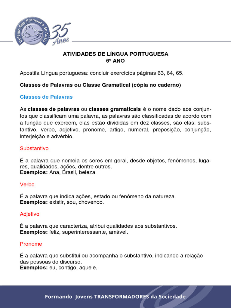Exercicio Perfeito Classes de Palavras | PDF | Classe gramatical | Pronome